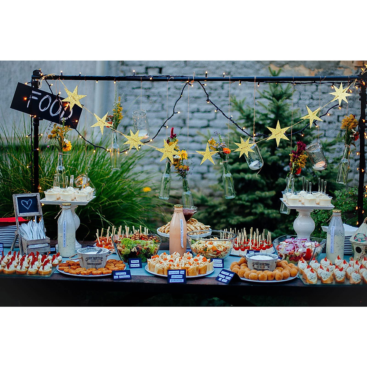 Whaline Star Banner with String Wooden Glitter Star Banner Pre-Assembled Gold Star Hanging Bunting for Christmas Garland Gold Wedding Baby Shower Birthday Party Decorations