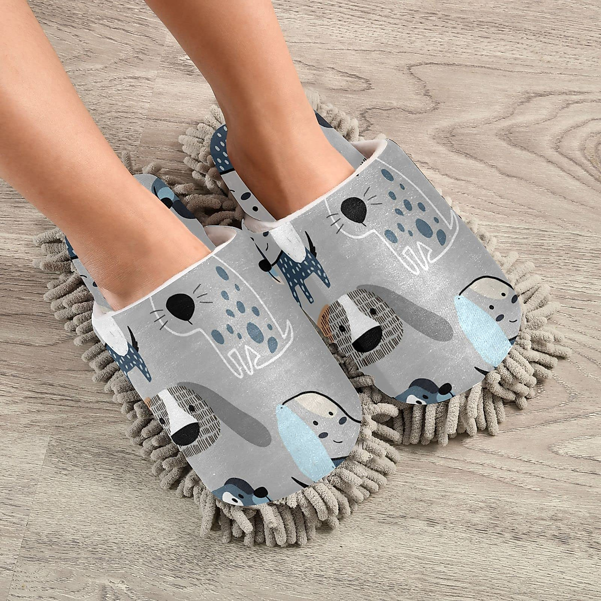 Childish Funny Dogs Mop Slippers Shoes Cover for Floor Cleaning Washable Hair Dirty Dust Cleaners Microfiber Mop Socks for Kitchen House Office