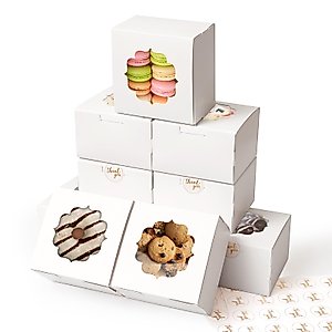 Shallive 4-Inch Small Cookie Boxes 50 Pcs White - Bakery Treat Boxes with Window for Gifting, To-go Containers for Cake Slice, Macarons, Donuts 4x4x2.5