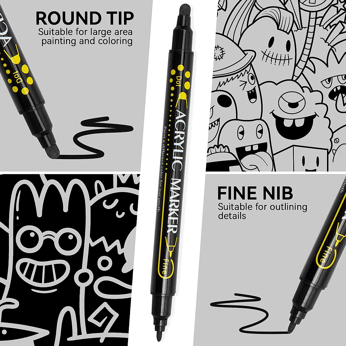 Tesquio Black Paint Marker, 8 Pack Dual Tip Acrylic Paint Pens, Ideal for Wood, Rock Painting, Canvas, Stone, Glass, Ceramic