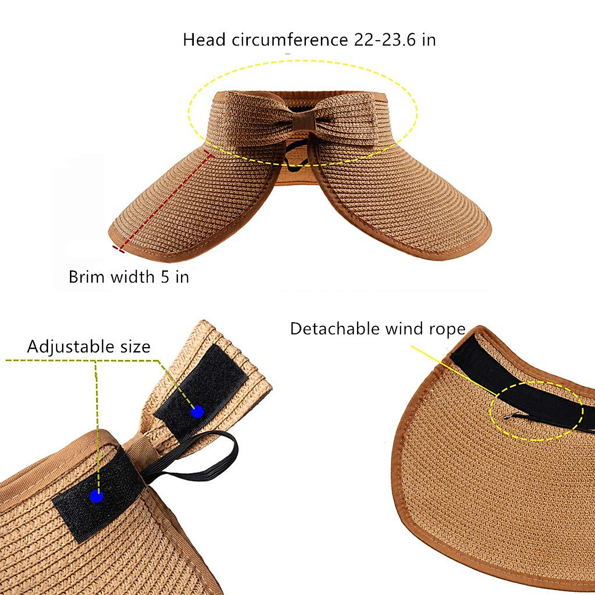 Sun Visor Hats Summer Wide Brim Straw Hat Clip on Beach Adjustable Large Brim Cap Golf Hat for Women…