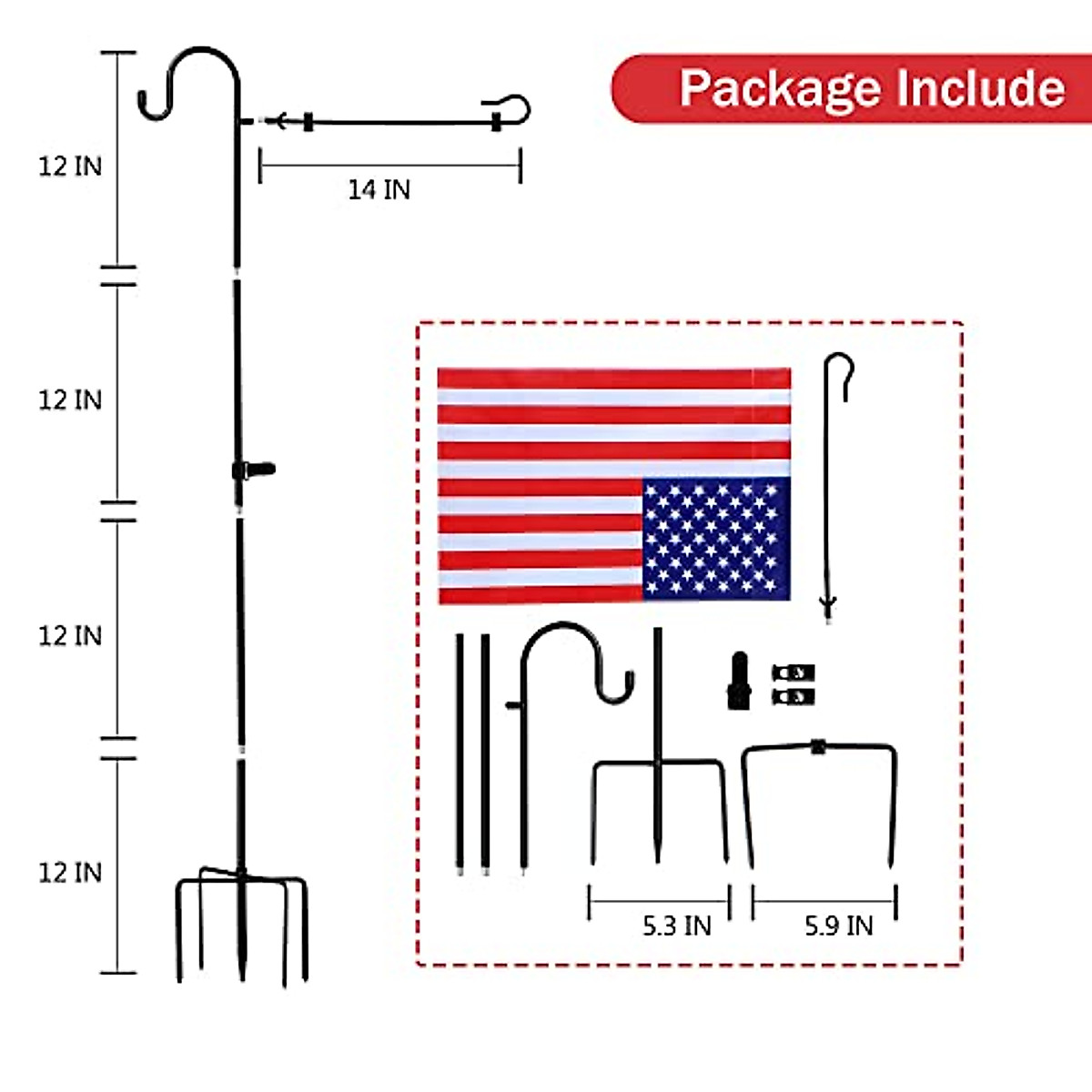 SPIPHY Garden Flag Holder Stand with Shepherd Hook, 48" Weather-Proof Garden Flag Pole with Spring Stoppers and Flag Clip Garden Flag Stand with American Flag(Without Light)