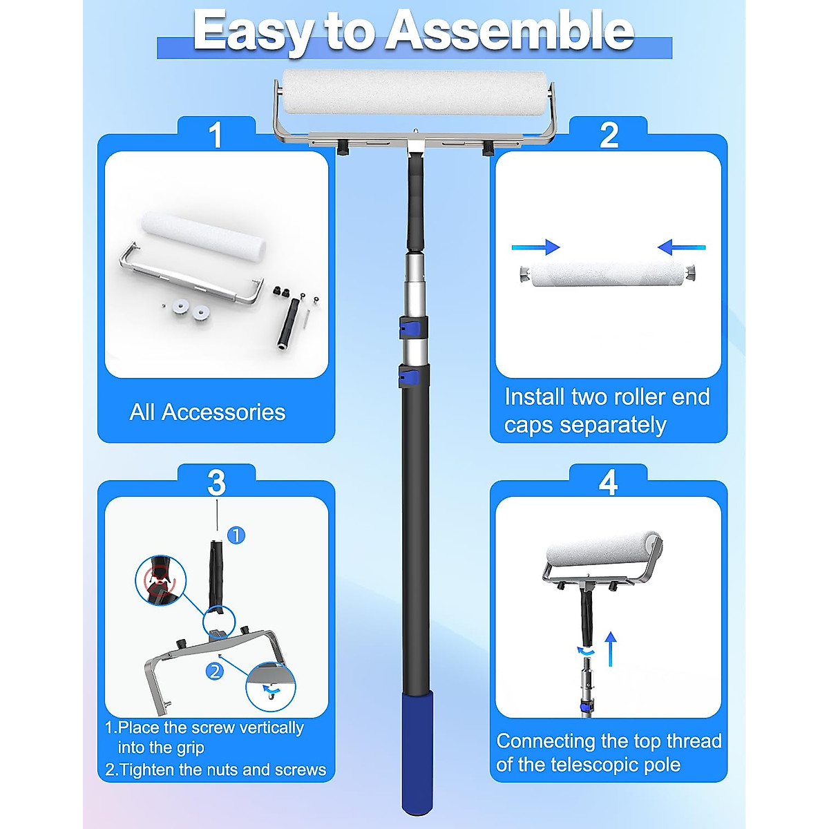 SKGPOLE 3FT Telescopic Paint Roller Pole, Multi-Function Paint Roller Kit with Lightweight Sturdy Aluminum 1-3FT Telescopic Extension Pole, House Paint Roller Brush for Walls, Ceiling, Decks, Doors