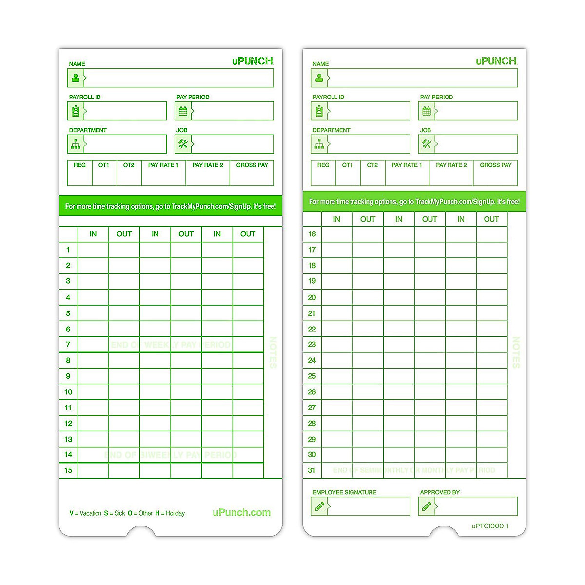 100 uPunch Time Cards for HN3000