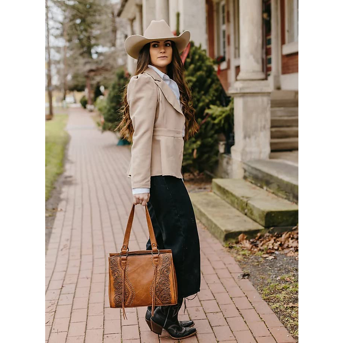 Montana West Trinity Ranch Floral Tooling Hand Bags Purses for Women Tote Bag Western Purse Large Shoulder Handbag with Wallet Set TR147G-8036BR+W