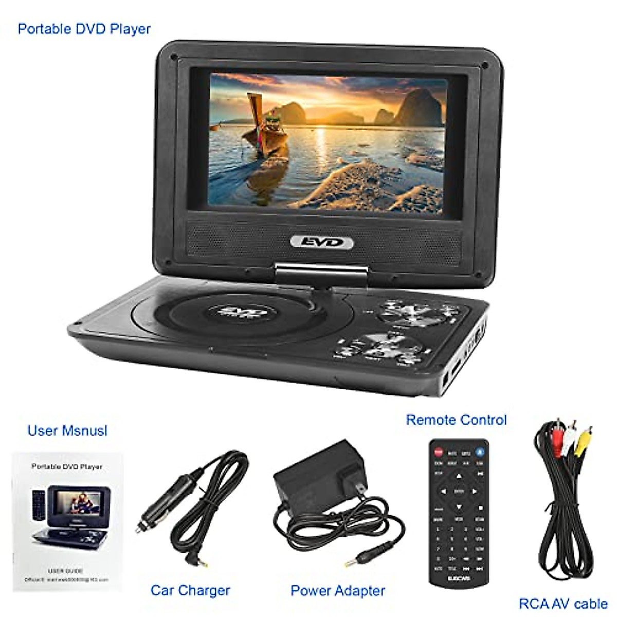 SQQBZZ 7" Portable DVD Player for Kids and Car, Support DVD/VCD/SD Card/USB, Remote Control, Car Charger, Power Adaptor (Black)