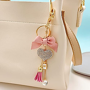 SWJEWEL Rhinestone Heart Keychain for Women Pink Bowknot Tassel Cute Car Key Ring Accessories Girl Bag Charms Handbag Purse Backpack Pendant Charms (Pink)