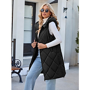 MEROKEETY Womens Hooded Long Padded Vest Coats Quilted Sleeveless Warm Outerwear with Pockets, Black, XL