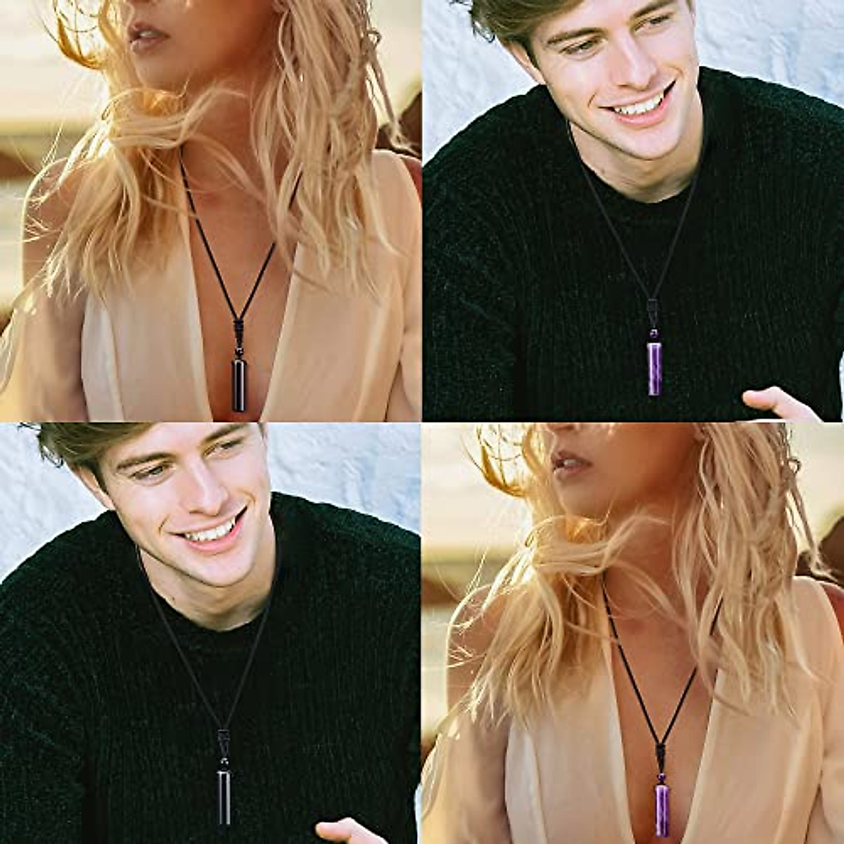 Top Plaza 2 Pcs Amethyst Black Obsidian Healing Crystal Stone Necklaces for Men Women Cylindrical Pendant Amulet Protection Necklaces Adjustable Braided Cord Natural Quartz Gemstone Necklace Jewelry