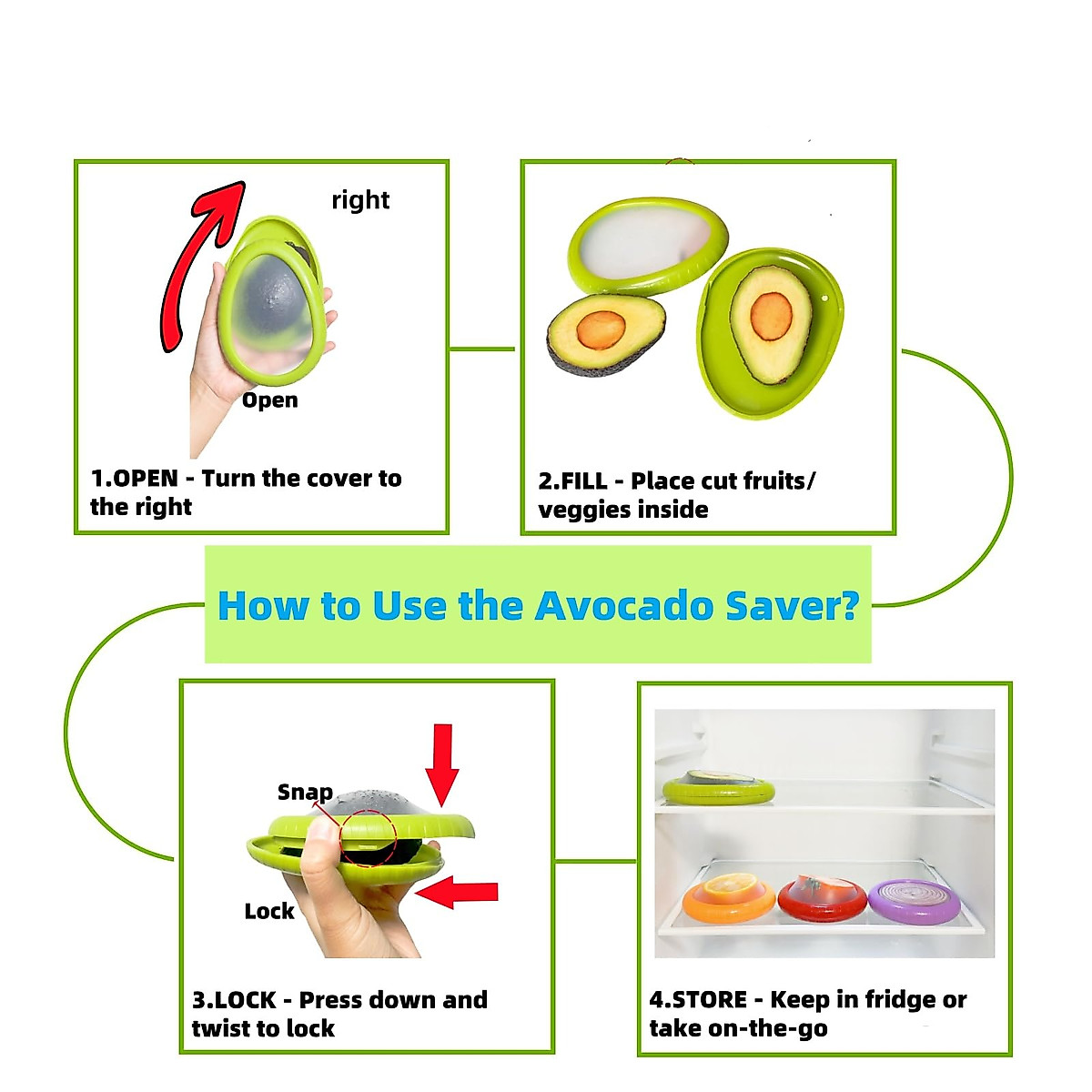 4 Pack Reusable Silicone Food Storage Containers - Avocado Saver & Onion Storage, BPA-Free, Fruit and Vegetable Anti-Oxidation Storage Box, Prevent Flavor Mixing, Fresh Pod for Fridge, Keep Fresh