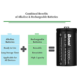 BONAI LCD Universal Battery Charger for AA, AAA, C, D, 9V Ni-MH Ni-CD Rechargeable Batteries with Rechargeable D Cells 10,000mAh 1.2V Ni-MH High Capacity High Rate D Size Battery (4-Counts)