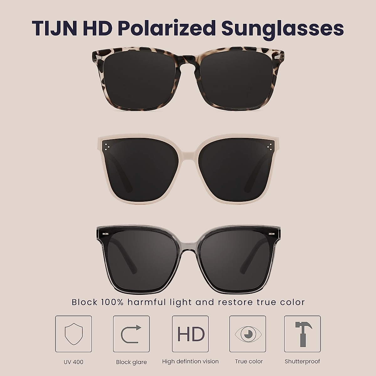 TIJN Sunglasses, Classic Polarized Sunglasses, Oversized Square Sunnies, Dark Shades for Women & Men, 3 Pack