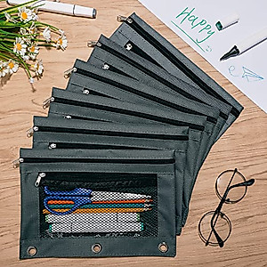 Antner 6 Pack Binder Pencil Pouch for 3 Ring Binder, Zipper Pouch Case with Smooth Zipper & Clear Window, Large Capacity 3-Hole Pencil Bag with Reinforced Grommets, Grey