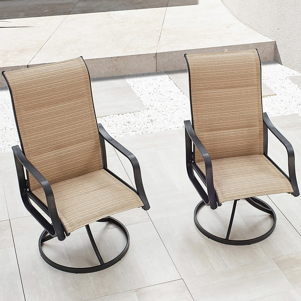 PatioFestival Patio Dining Chairs Textilene Outdoor High Back Swivel Rockers with All Weather Frame (Beige,Set of 2)