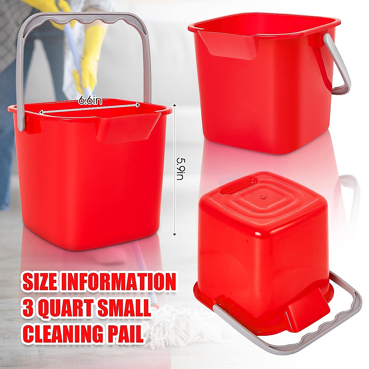 Irenare 8 Pcs Sanitizing Bucket 3 Quart Cleaning Bucket Small Detergent Square Bucket, Spout and Handle Plastic Utility Cleaning Pail for Kitchen Home Offices Commercial Use(Red)