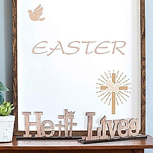 2 Pieces Easter Religious He Lives Table Top Decoration Easter Wooden Table Sign Easter Jesus Cross Inspirational Ornament Rustic Tabletop Decoration for Easter Party Holidays