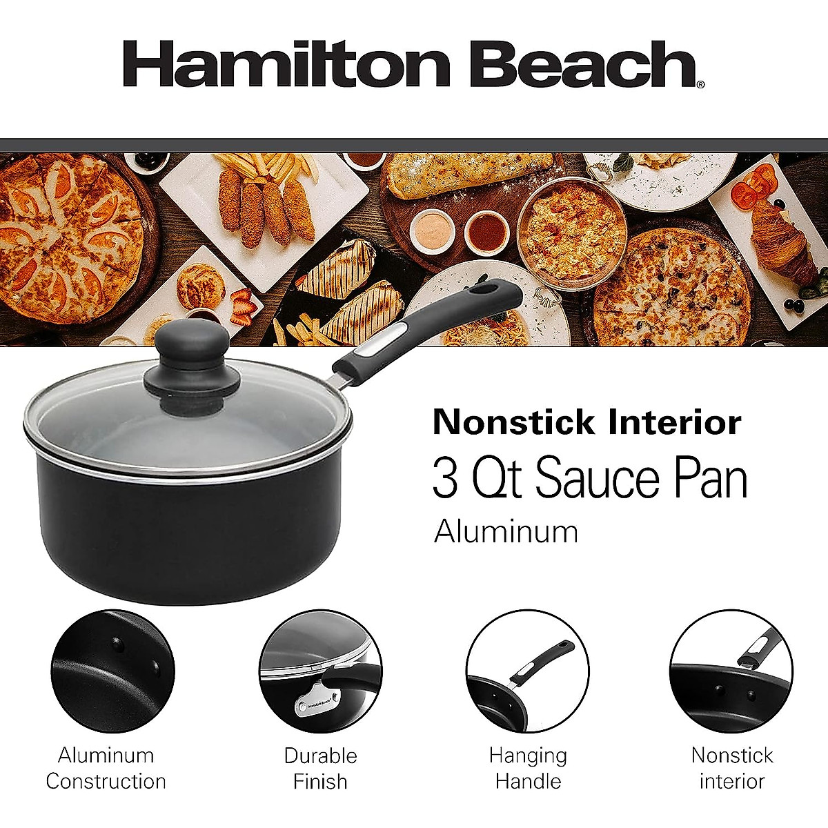 Hamilton Beach Nonstick Covered Sauce Pan 3-Qt - Black Aluminum Saucepan with Soft Touch Bakelite Handle & Glass Lid - Flared Edge - Spiral Bottom, Multipurpose Use - Durable & Dishwasher Safe