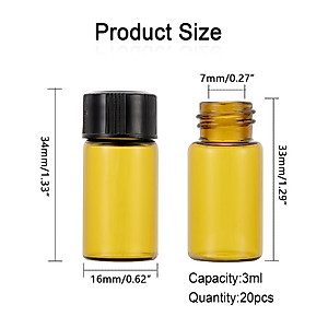Newzoll 20pcs 3ml Mini Amber Glass Vials With Screw Caps, Small Bottles Sample Vials for Essential Oil and Perfume