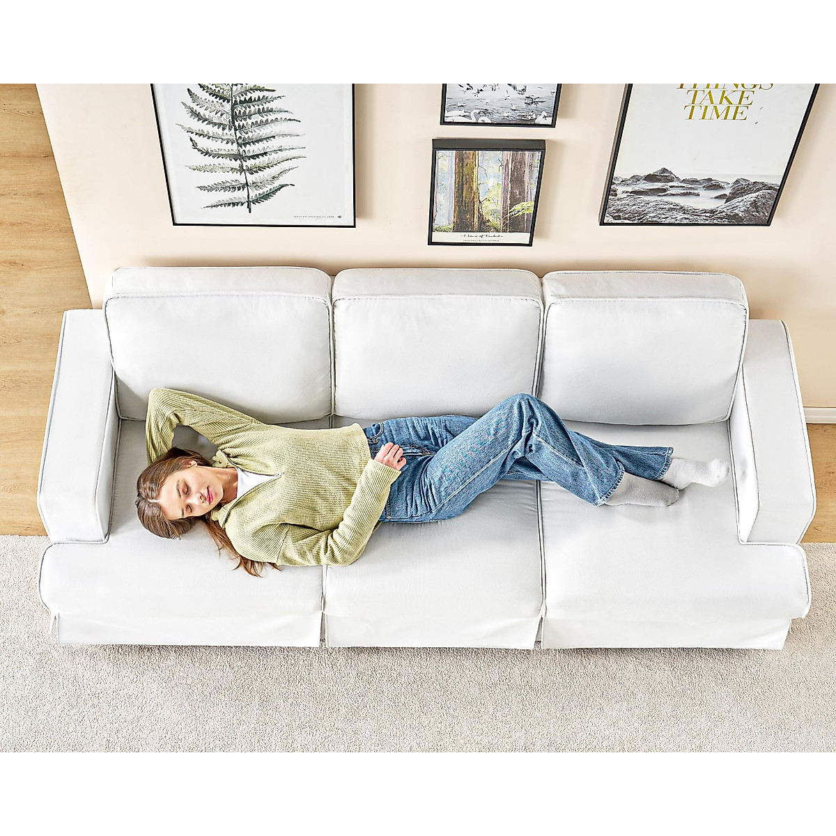 AMERLIFE Sofa, 89 inch Slipcovered Couch, 3 Seater Sofa Comfy Couch for Living Room Office, Linen White Couch