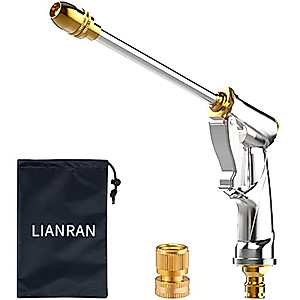 Upgrade Long Rod Garden Hose Nozzle High Pressure 360° Rotaing Brass Metal Water Adjustmen Sprayer Gun for Car Washing, Plants and Lawn, Patio Gardening, Pets Shower (Hose Nozzle + Quick Connector)