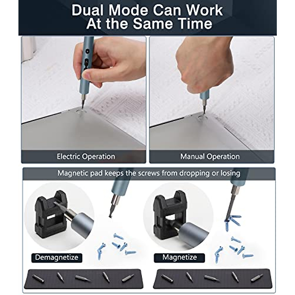 Housolution Mini Electric Screwdriver, 62 In 1 Magnetic Screwdriver with 48PCs Bits Small Cordless Electric Screwdriver Kit With Led Light, Handy Repair Tool for Phone Watch Camera Laptop, Gray