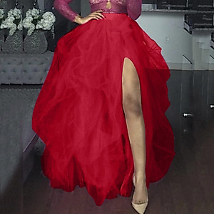 Women's Tulle Maxi Skirt Women's Party High Waist Elastic Belt Casual Poncho Women's Twin Bed Skirts (Red, One Size)