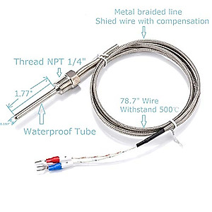 Waterproof K Type Grounded Thermocouple - Jaybva Temperature Sensor Probe for PID Temperature Controller Two Wire Stainless Steel NPT 1/4 inch Pipe Thread 0~500℃ with 2m Insulation Lead Shield Wire