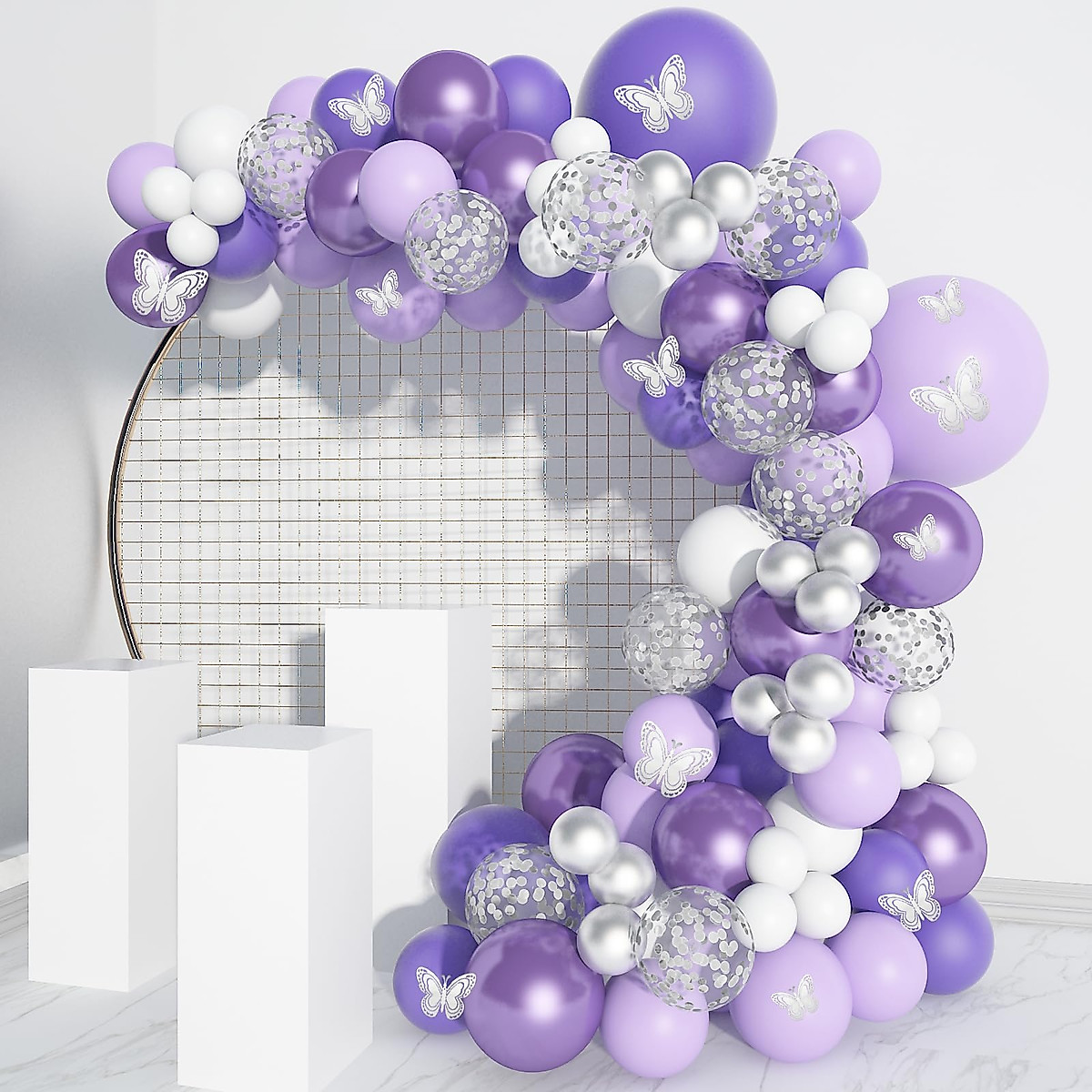 Onemere Purple Balloon Garland Kit 140 Pcs, Baby Shower Decorations for Girl with 12 Pcs Butterfly Stickers Lavender Metallic Silver Balloon Arch for Birthday Party Bridal Shower