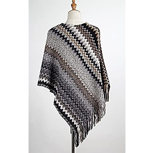 StylesILove Women Autumn Winter Knitted Zig-Zag Pullover Fringe Poncho Sweater Soft Wrap Cape Lightweight Shawl (Black)
