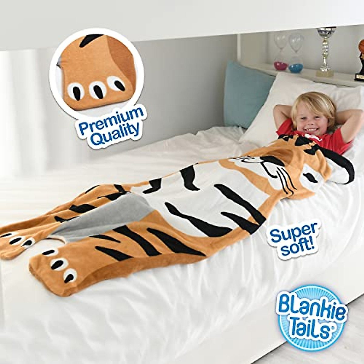 Blankie Tails Wearable Tiger Blanket for Kids - Double Sided, Soft, Fleece Animal Blanket - Use for Sleepover, Bedding, Bed, Costume, Pajamas, Sleeping Bag - Toys Tiger Gifts for Girls and Boys