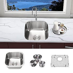 KABCO 16 Inch Square Single Bowl Stainless Steel Classic Kitchen Sink with Kitchen Sink Strainer, Garbage Basket and Sink Grid, 18 Gauge Undermount Rust Resistant Sound and Heatproof Swirl Finish Sink