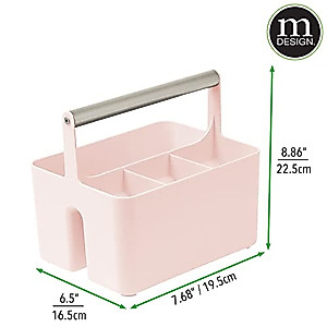 mDesign Plastic Shower Caddy Storage Organizer Utility Tote, Divided Basket Bin - Metal Handle for Bathroom, Dorm, Kitchen, Holds Soap, Shampoo, Conditioner - Aura Collection - Light Pink/Satin