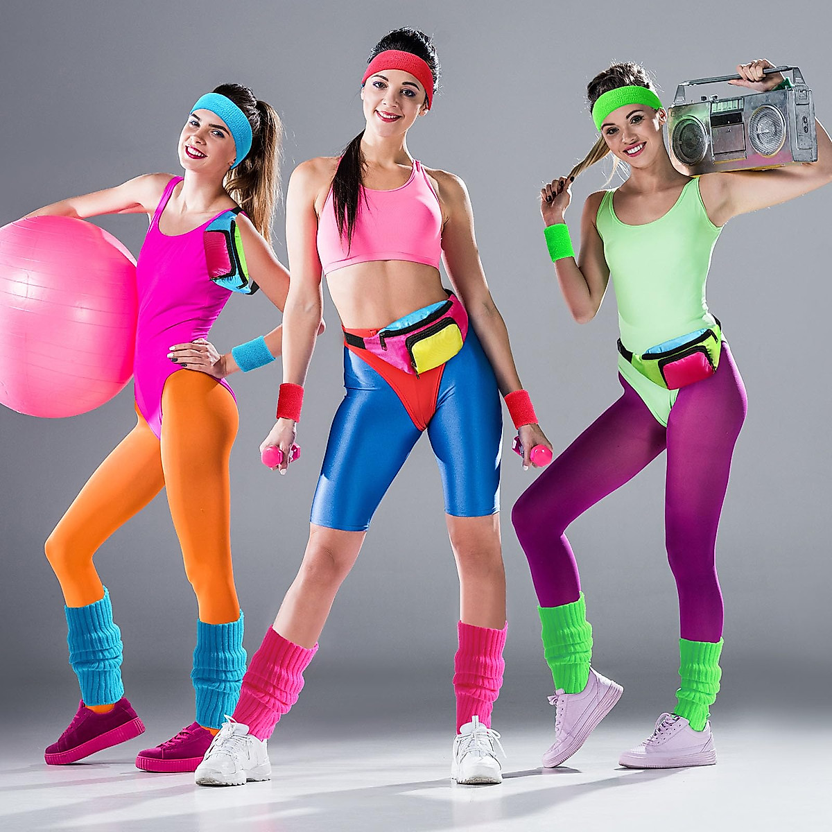 Xuniea 4 Set 80s Accessories for Women Workout Set Include Retro 80s Fanny Pack Neon Leg Warmers Headband and Wristbands 80s 90s Party Disco Neon Party cosplay