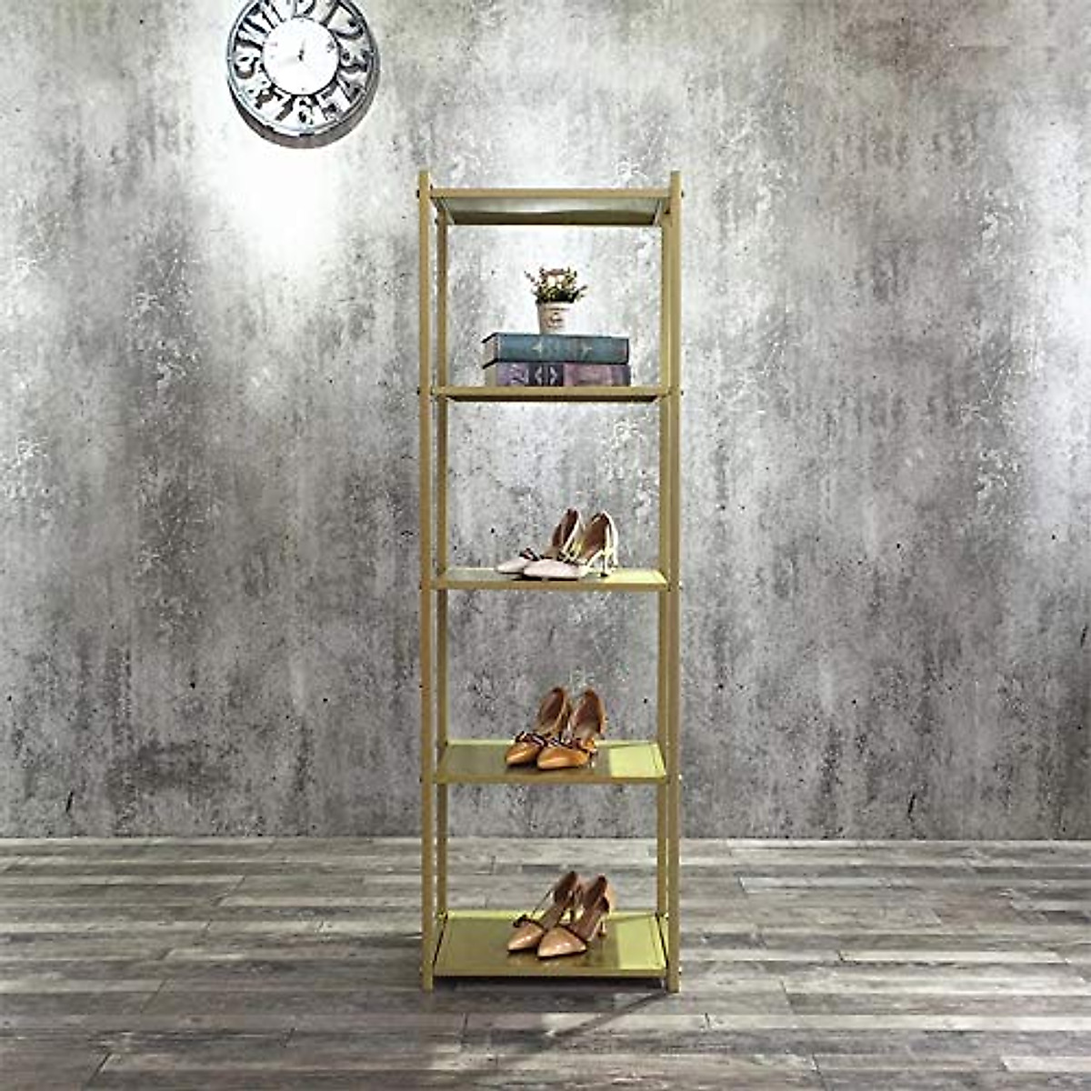 FURVOKIA Clothing Retail Heavy Duty Metal Display Rack,Floor-Standing Shoe Bag Plant Jewelry Shelves,Home Kitchen Bedroom Bathroom Office Storage Shelf (Gold Square Tube, 5-Tier)