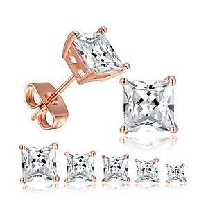 5 Pairs Stud Earrings 14K Rose Gold Plated Square Cut Clear Cubic Zirconia Hypoallergenic Earrings for Women and Men Pack of 5 Pairs 3-7 mm