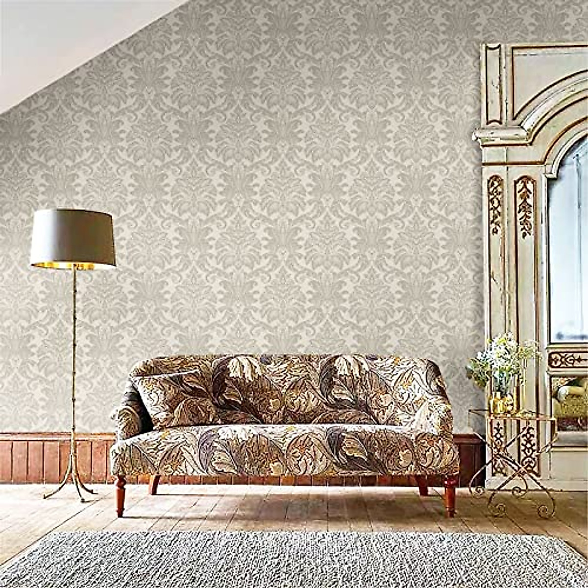 CiCiwind Vintage Wallpaper Peel and Stick Removable Self-Adhesive Wallpaper Beige Grey Floral Contact Paper for Cabinets Walls Covering Vinyl Film Paper 78.7" x 15.5"