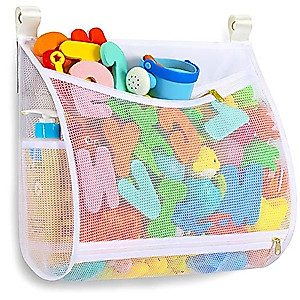 Baby Bath Toy Organizer With Machine Washable, Multiple-suspension Bath Toy Holder, Large Capacity, 2 Side Bags +4 Strong Hooks (1 Large, White)