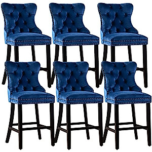 SICOTAS Bar Stools Set of 6 Stool Chair - Tufted Back Counter Stools for Kitchen Counter with Upholstered Velvet Cushion Barstools Nailhead Trim Wood Bar Height Chairs Stool for Pub Bistro 27.2'' Blue