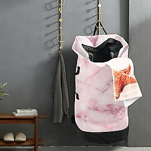 Washable Laundry Bag Backpack Large Dirty Clothes Bag with Adjustable Shoulder Strap Handles, Pink Marble Pattern Extra Laundry Heavy Duty Drawstring Bag for Travel College Grey Camping