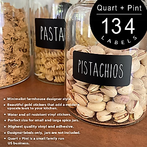 QUART + PINT 134 Kitchen Pantry Labels for Containers. Preprinted Retro Handwritten Style. Black Matte Sticker White Text. Waterproof Stickers. Organization Labels for Jars Canisters & Storage Bins.