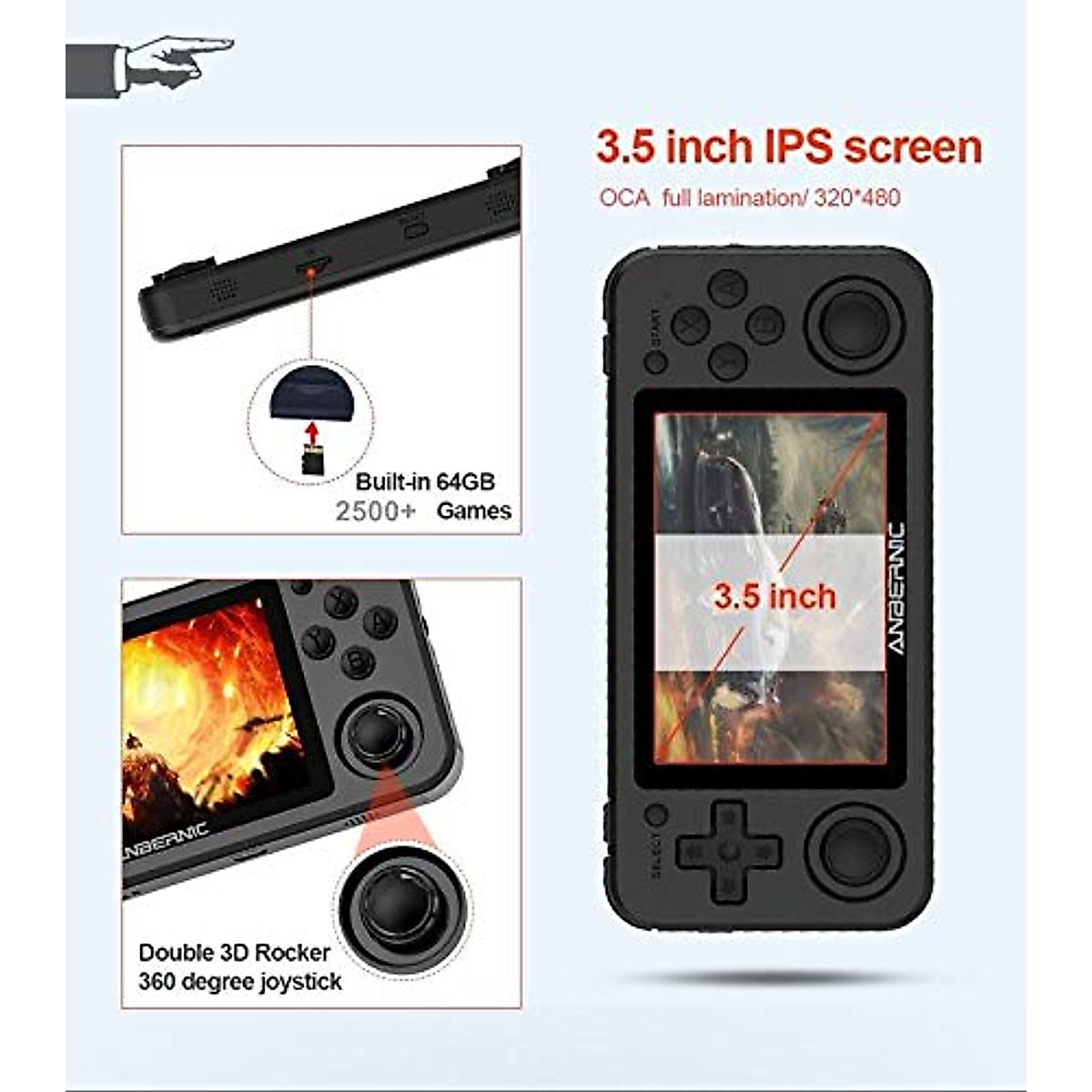 RG351P Handheld Game Console, Retro Game Console Support PSP / PS1 / N64 / NDS Open Linux Tony System RK3326 Chip 64G TF Card 2500 Classic Games 3.5 Inch IPS Screen 3500mAh Battery (Black)