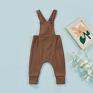 Karuedoo Newborn Baby Girls Boys Ribbed Overalls Solid Halter Backless Jumspuits Overalls Strap Suspender Pants Outfits (Brown, 12-18 Months)