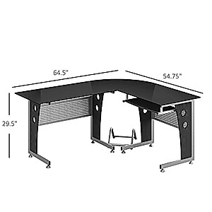 HOMCOM L-Shaped Corner Computer Desk Gaming Table Home Office Workstation Glass Top P2 MDF with Keyboard Tray - Black