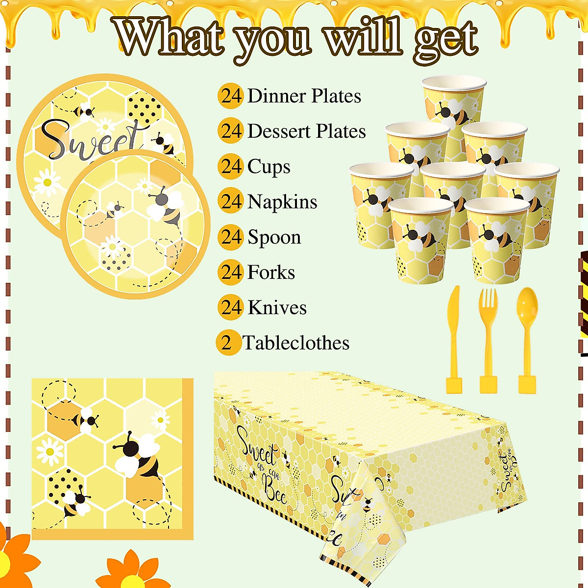 170 Pcs Bee Plates and Napkins Party Supplies Sweet As Can Bee Baby Shower Set Include Tablecloths, Plates, Napkins, Paper Cups, Knife, Fork, Spoon for Baby Shower Birthday Party Supplies, Serves 24