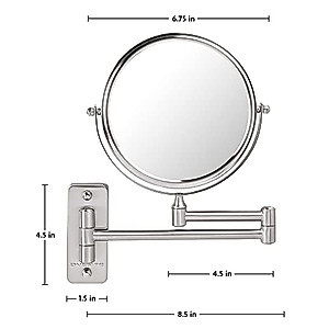 OVENTE 7" Wall Mount Makeup Mirror, 1X & 10X Magnifier, Adjustable Spinning Double Sided Round Reflection, Extend, Retractable & Folding Arm, Bathroom & Vanity Décor, Nickel Brushed MNLFW70BR1X10X