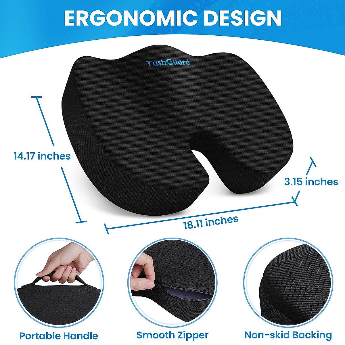 TushGuard Seat Cushion, Office Chair Cushions, Car Seat Cushion, Non-Slip Sciatica & Back Coccyx Tailbone Pain Relief Chair Pad, Memory Foam Butt Pillow for Computer Desk, Office Chair