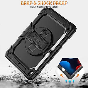 Timecity Case for iPad 9th/ 8th/ 7th Generation 10.2 inch - Heavy Duty Protective Cover with Screen Protector, Rotating Stand, Shoulder Strap & Pencil Holder | Kids-Friendly (Black)