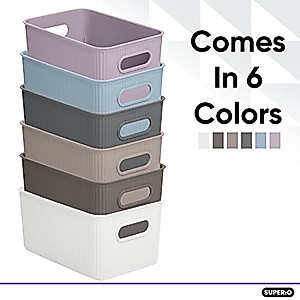 Superio Decorative Plastic Open Home Storage Bins Organizer Baskets, Medium Taupe (4 Pack) Container Boxes for Organizing Closet Shelves Drawer Shelf - Ribbed Collection 5 Liter