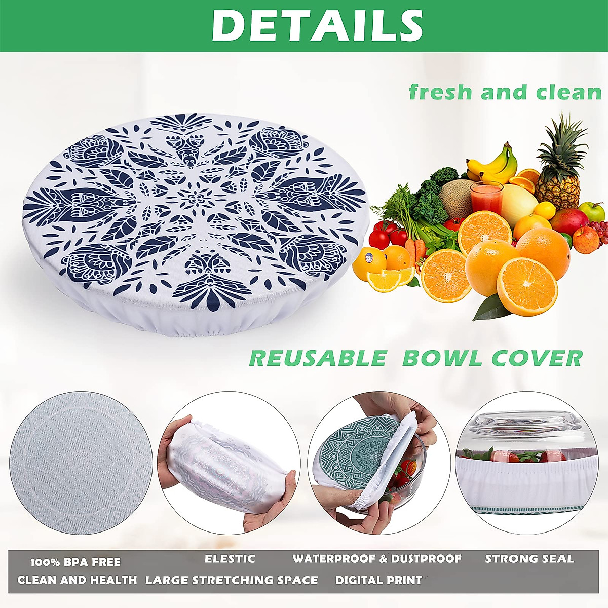 10Pcs Reusable Bowl Covers In 5 Size, Stretch Cloth Fabric Dish Cover Kitchen Storage Containers Lids for Fruits Food Leftover Dough Bread Proofing