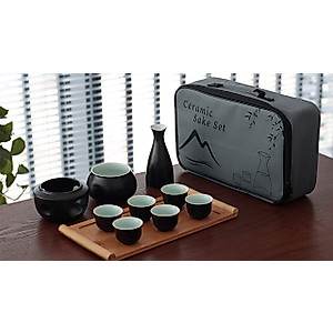 Dltsli Ceramic Sake Set + Bamboo Tray Warmer Pot, Porcelain Stovetop Hot Saki Drink Bottle, 10pcs Set 1 Stove 1 Warming Bowl 1 Sake Bottle 1 Tray 6 Cup Keep Sake Storage Gift Box (Black)